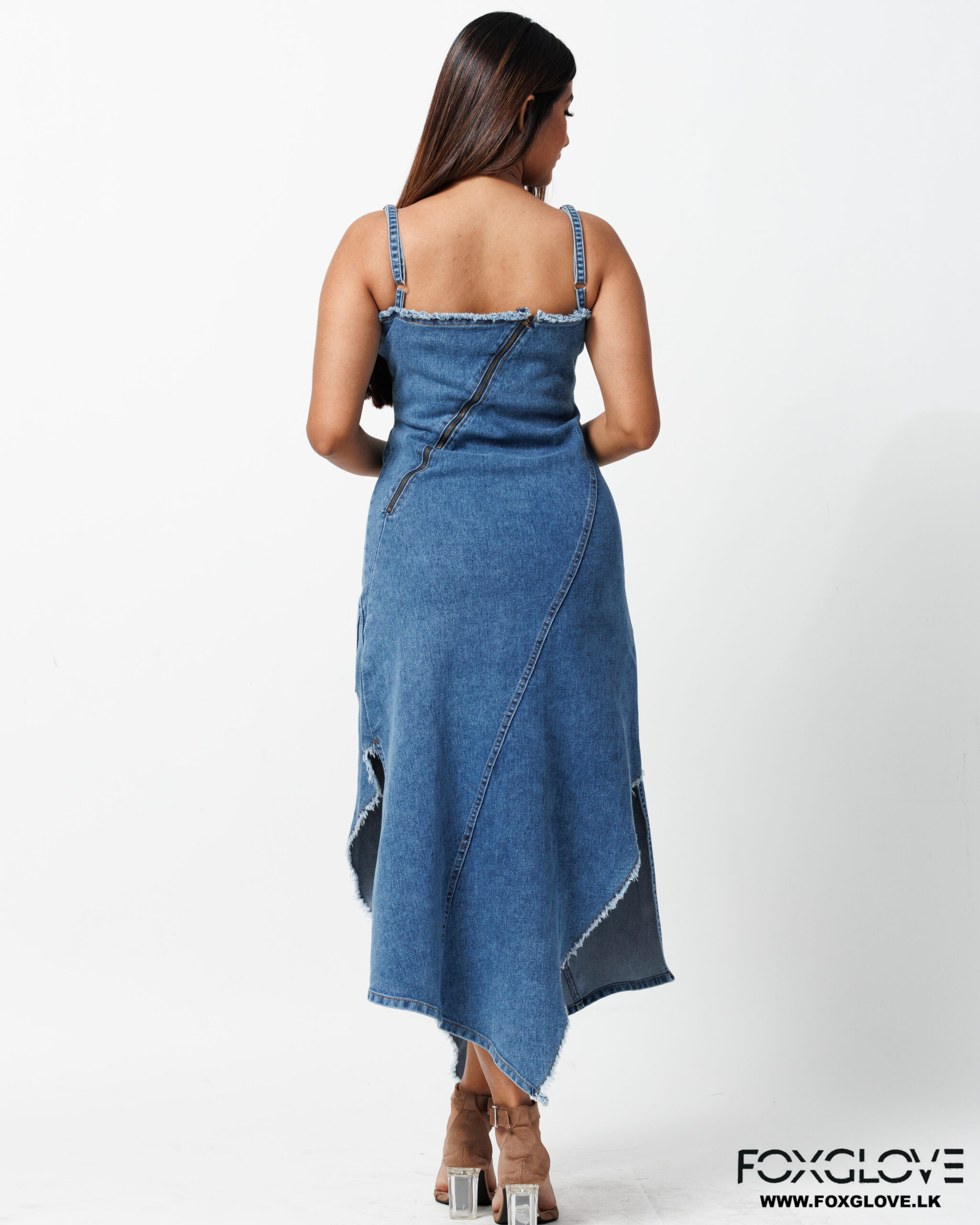 ASYMMETRICAL SIDES OPEN STRAPPY DENIM DRESS | Foxglove