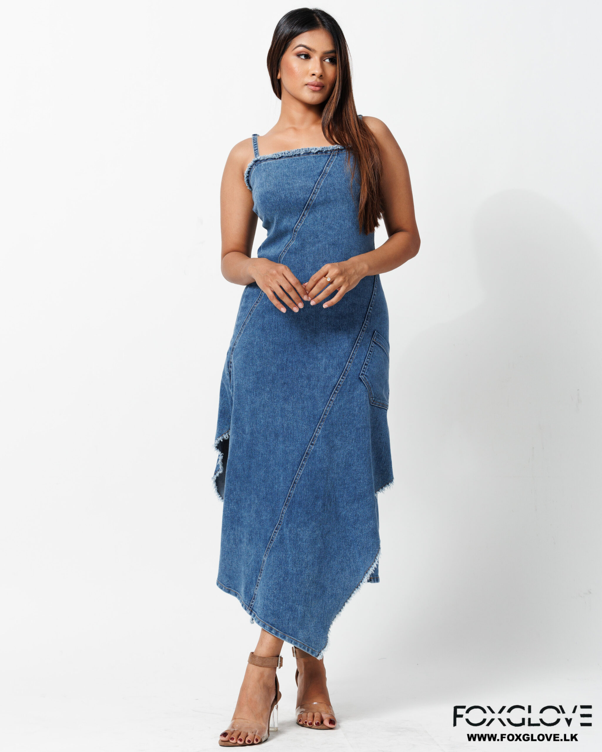ASYMMETRICAL SIDES OPEN STRAPPY DENIM DRESS | Foxglove